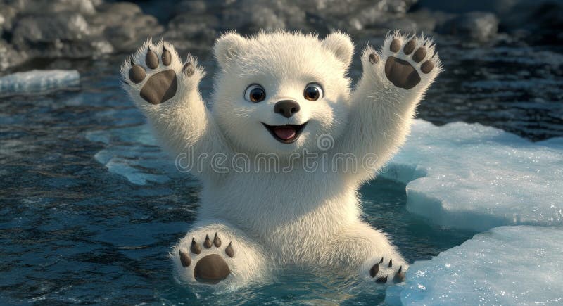 The Cute Polar Bear Cub Plays on Ice while Displaying a Happy ...