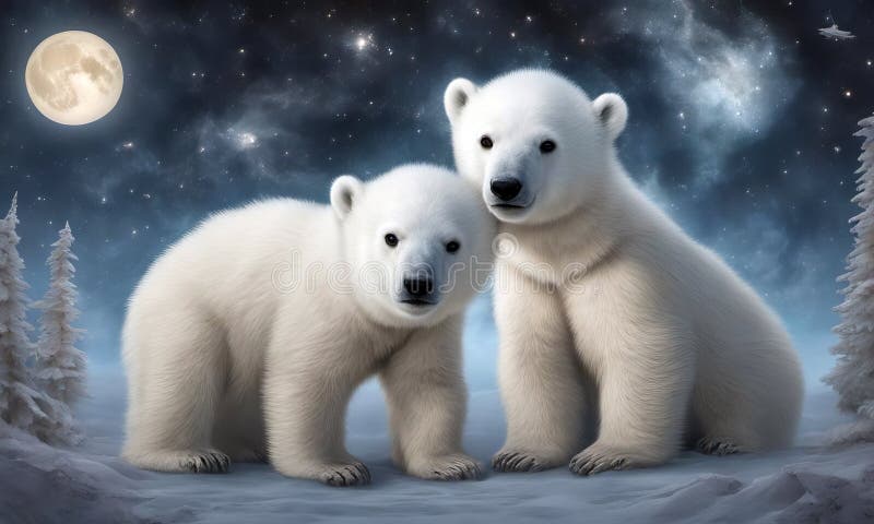 Cute Polar Bear Cubs Under the Stars Stock Illustration - Illustration ...