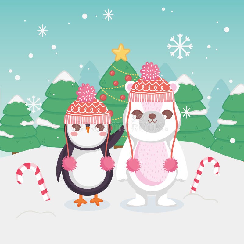 Cute Polar Bear And Penguin With Candy Cane Merry Christmas Stock