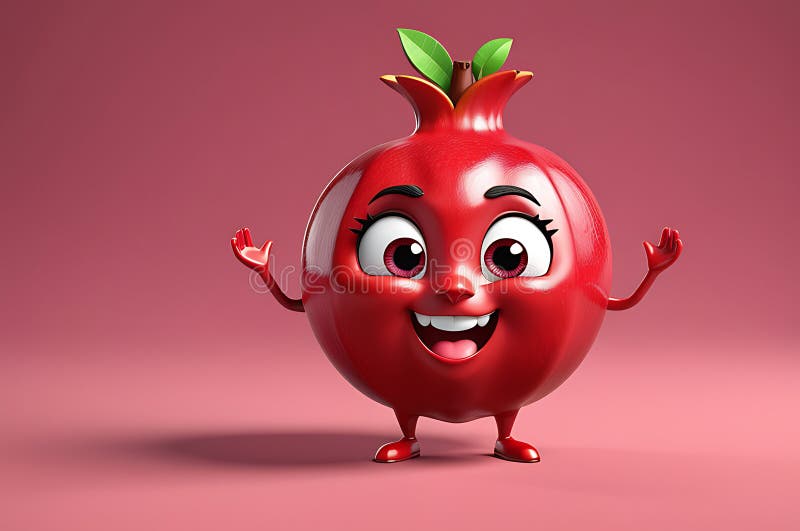 A Cute Pomegranate As a 3D Rendered Character Over Solid Color ...