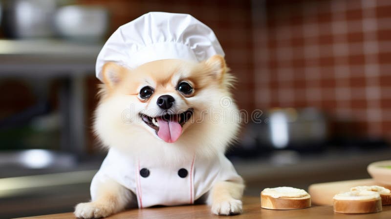 Cute Pomeranian Spitz Dog Cooking Pie, Wearing Apron in Kitchen Setting ...