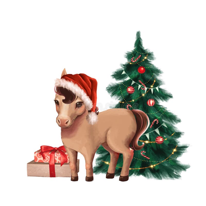 Cute Pony Horse with Christmas Tree and Gift Boxes. Hand Drawn ...