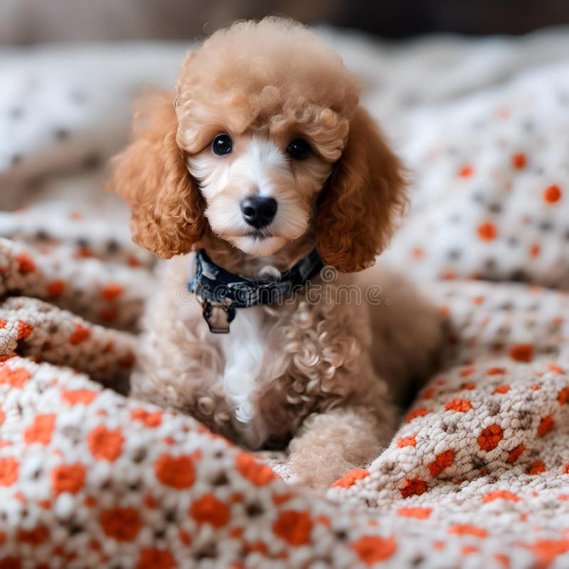 Cute Poodle Puppy Sitting on a Cozy Blanket with a Curious Expression ...