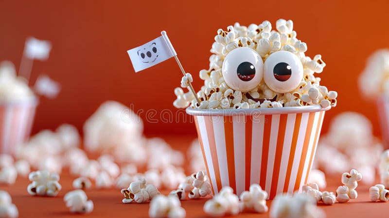 Cute Popcorn Character with Googly Eyes and Tiny Flag Against Orange ...