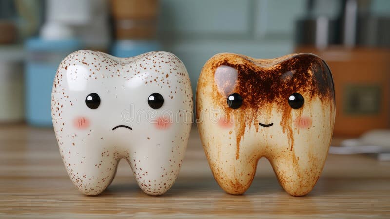Cute Porcelain Tooth Figurines with Different Expressions on Wooden ...