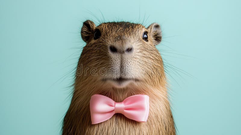 Cute Portrait of Capybara with Pink Bow Tie Against Blue Background ...
