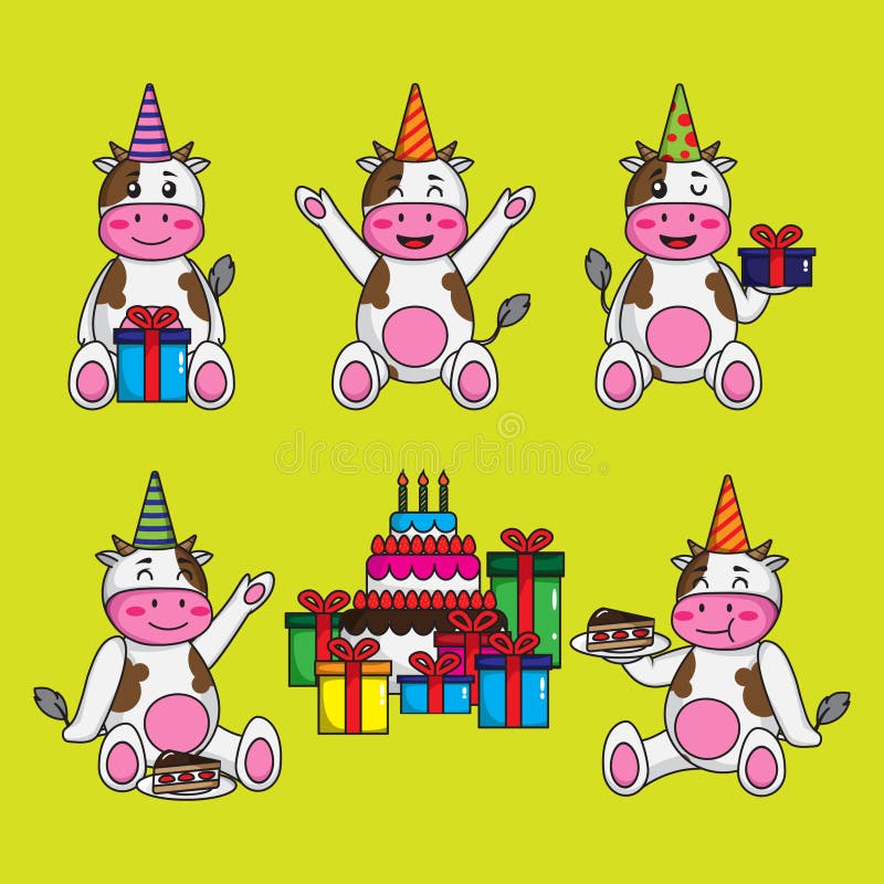 Cute Pose of Cow Cartoon and Birthday Cake Stock Illustration ...