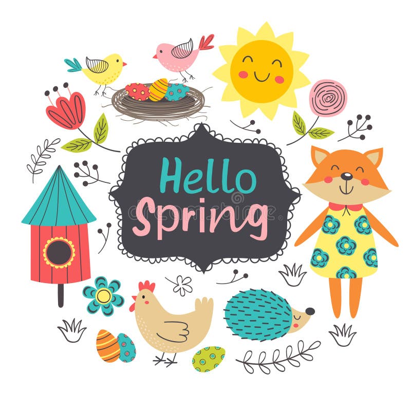 Cute Poster with Spring Elements and Characters Stock Vector ...