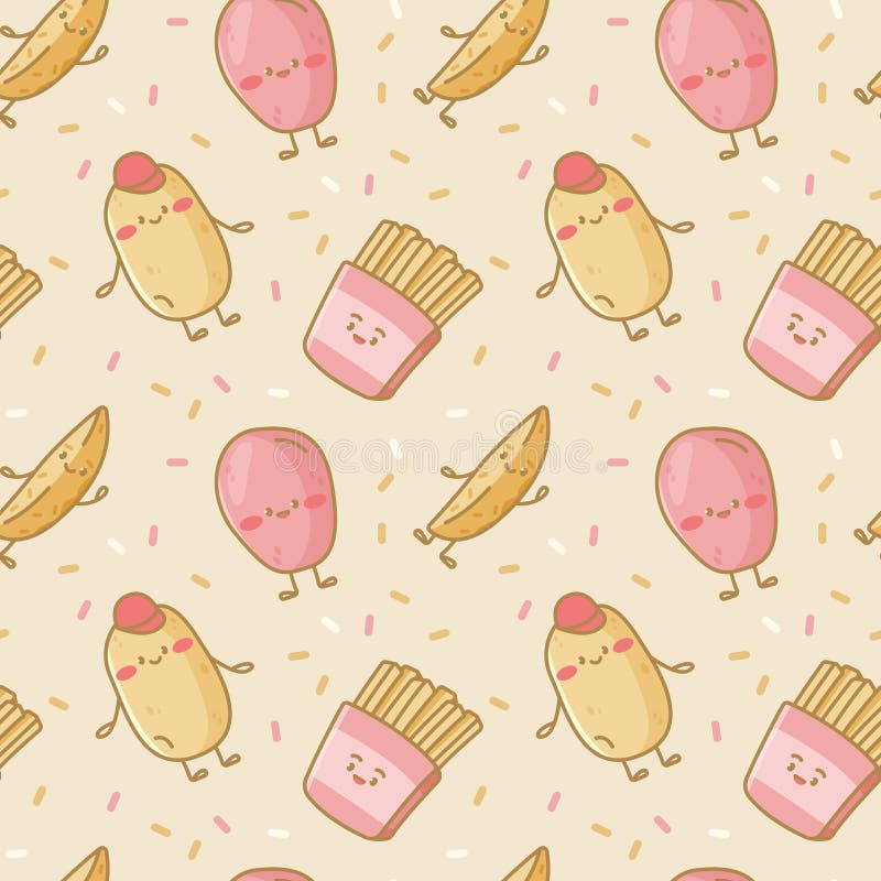 Cute Potato Characters Seamless Pattern in Doodle Style. Stock Vector ...