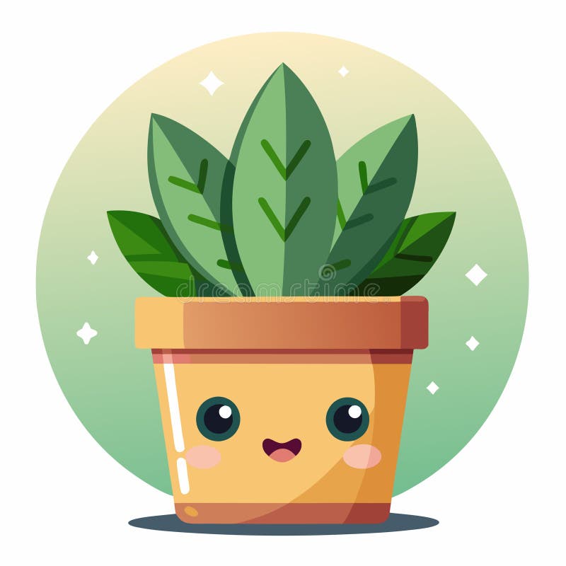 A Cute Potted Plant with a Smiling Face Features Large Green Leaves and ...