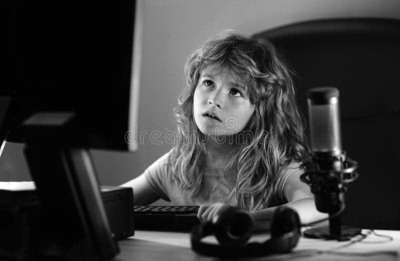 Cute Preschool Child Watching Video Lesson by Laptop. Little Hacker, Young Programmer. Stock ...