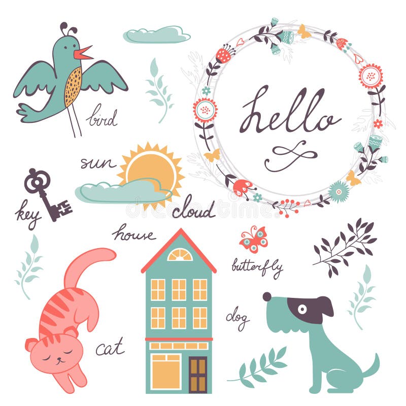 Cute Preschool Words Collection Stock Vector - Illustration of bird ...