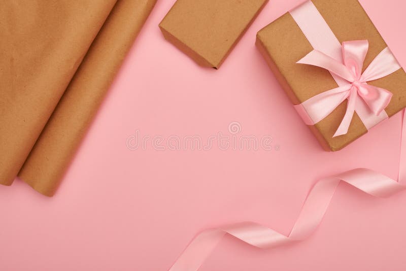 Cute Present Box with Wrapping Stuff on Pink Flatlay Stock Image ...