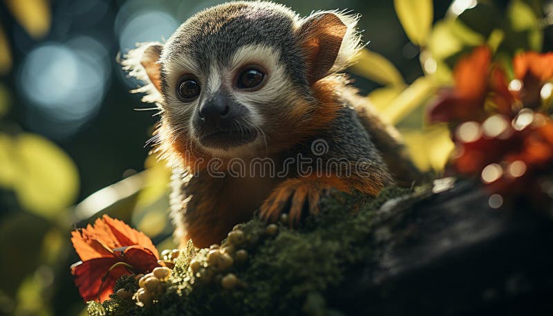 Cute Primate Sitting on Branch, Looking at Camera in Forest Generated ...
