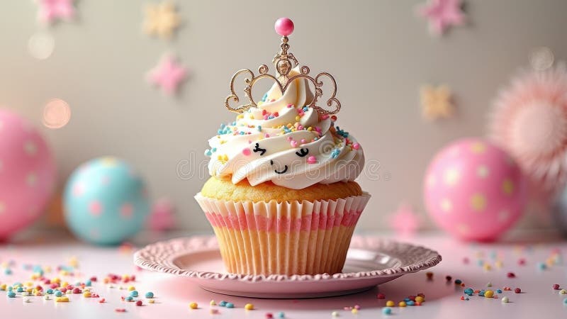 Cute Princess Cupcake with Colorful Sprinkles and Icing Crown on ...
