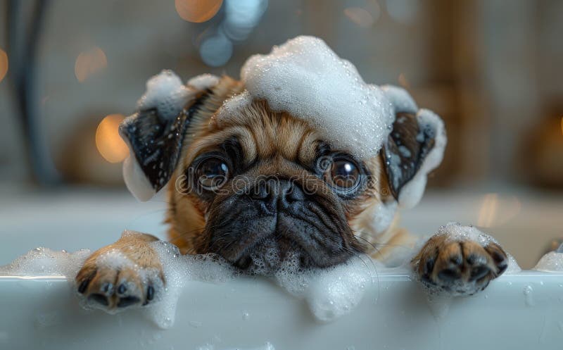 Dog Taking Bubble Bath with Soap and Towel on His Head Stock Image ...