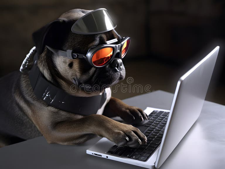 Cute Pug Dog Using Computer. Concept of Hacker, Busy Pet or Work from ...