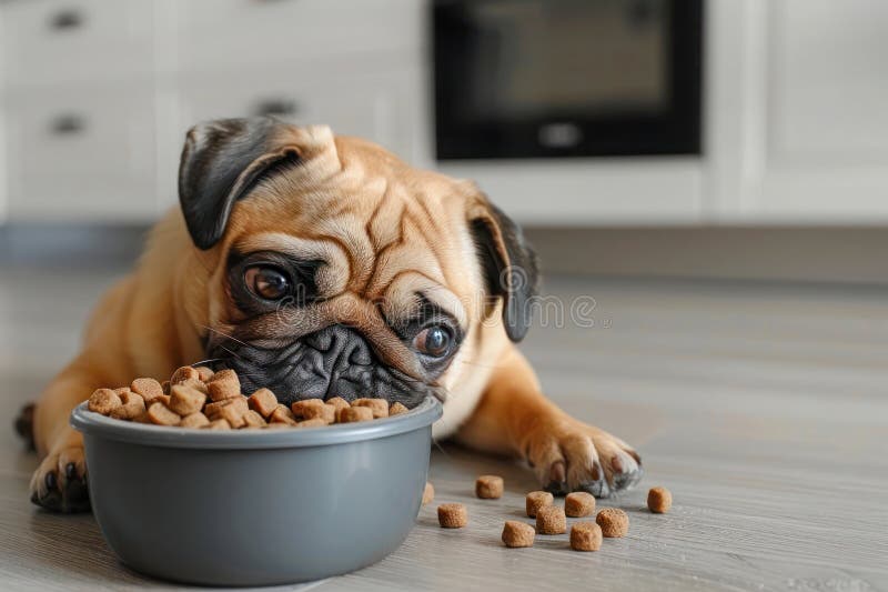 Cute Pug on the Floor with a Bowl of Food. Stock Illustration ...