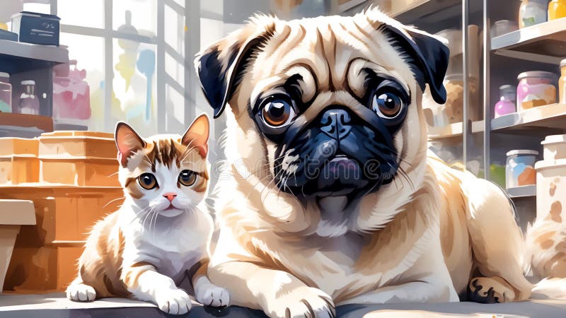 Cute Pug Puppy and Kitten Resting Side by Side in an Art Studio. AI ...