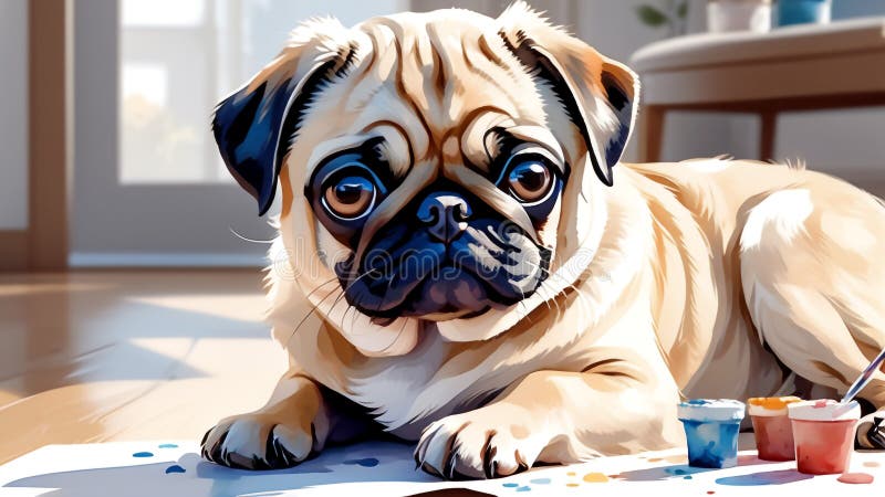 Cute Pug Puppy Lies in an Art Workshop. AI Generated. Stock Photo ...