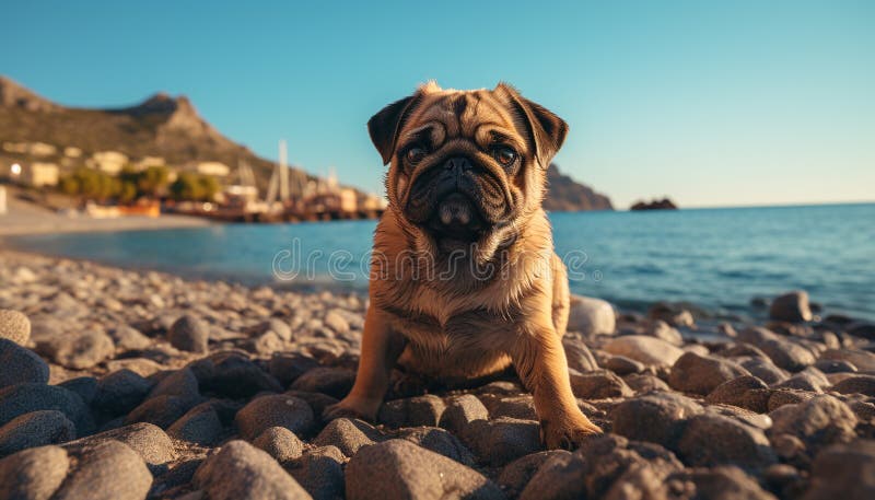 Cute Pug Puppy Sitting on Sand, Enjoying Summer Vacations Generated by ...