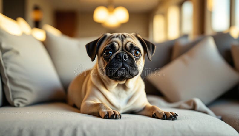 A Cute Pug Sits on a Soft Couch in a Bright Modern Room with Warm and ...