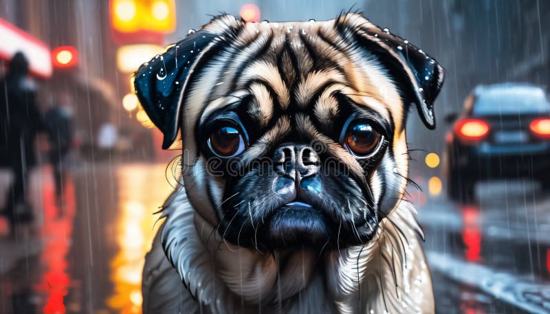 Cute Pug Standing in the Rain on a Rainy Day. Stock Photo - Image of ...
