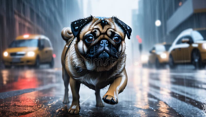 Cute Pug Standing in the Rain on a Rainy Day. Stock Image - Image of ...