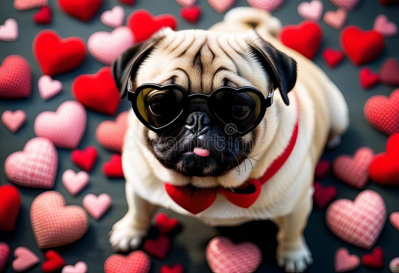Cute Pug Wearing Heart Shaped Sunglasses and Surrounded by Hearts Stock ...