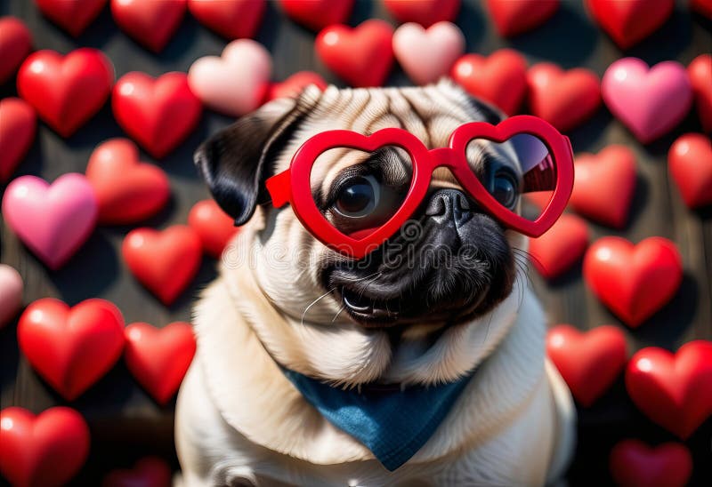 Cute Pug Wearing Heart Shaped Sunglasses and Surrounded by Hearts Stock ...