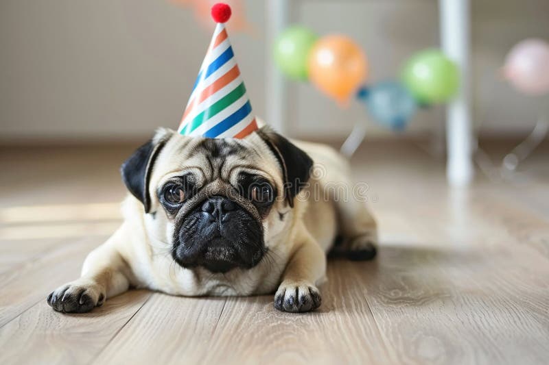 Cute Pug Wearing a Party Hat Stock Illustration - Illustration of brown ...