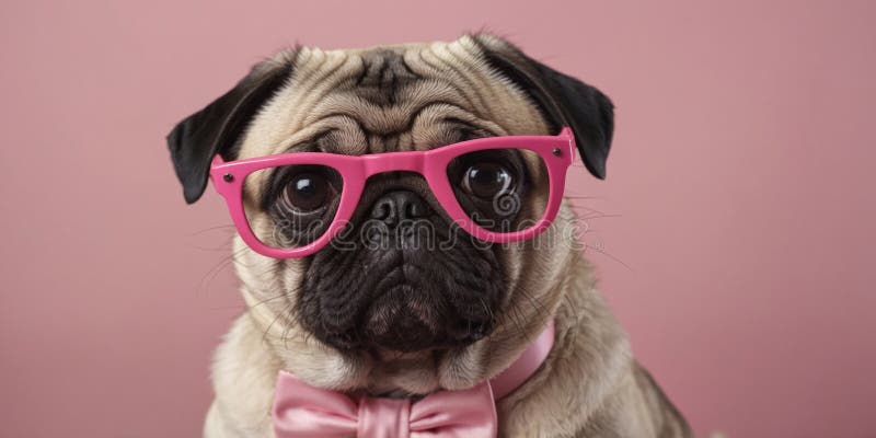 Cute Pug Wearing Pink Glasses and Bow Tie on Pink Background. Stock ...
