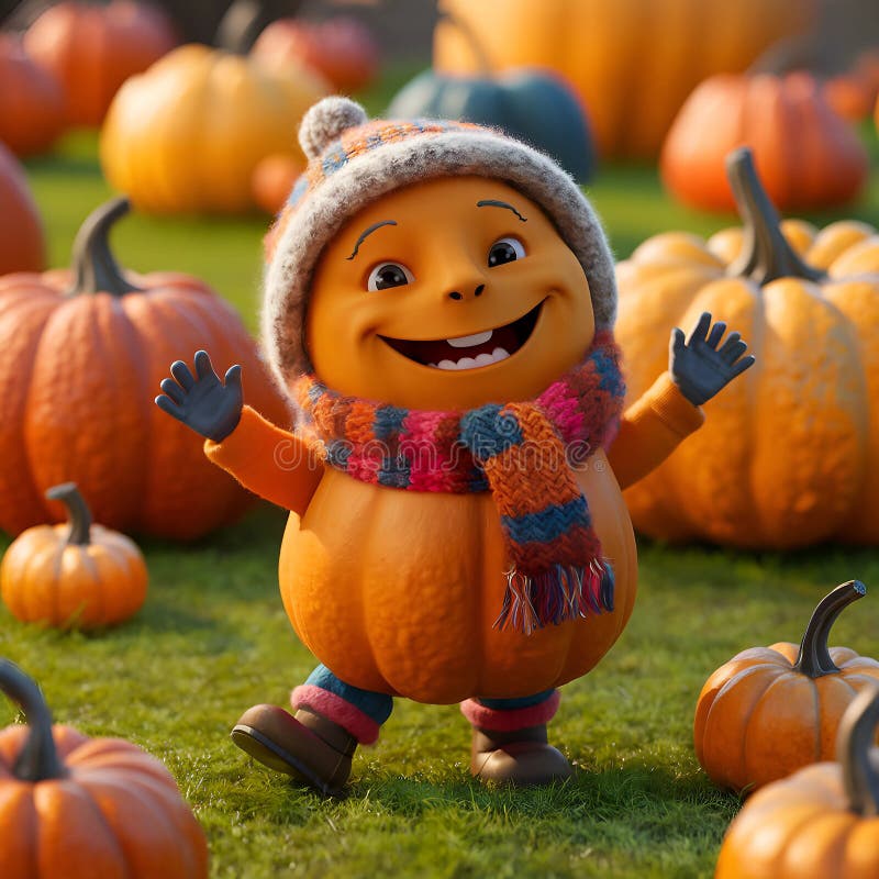 Cute Pumpkin Character in Pumpkin Patch. Halloween Decoration ...