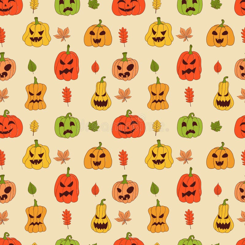 Cute Pumpkin Seamless Pattern. Vector Illustration in Hand Drawn Style Stock Vector ...