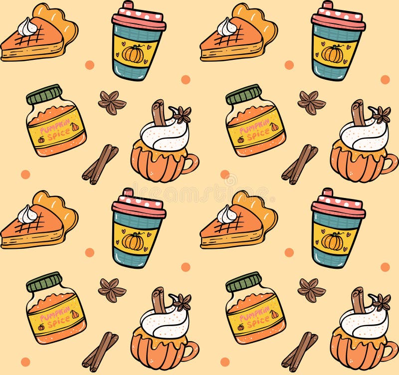 Cute Pumpkin Spice Cartoon Doodle Seamless Pattern Background Stock ...