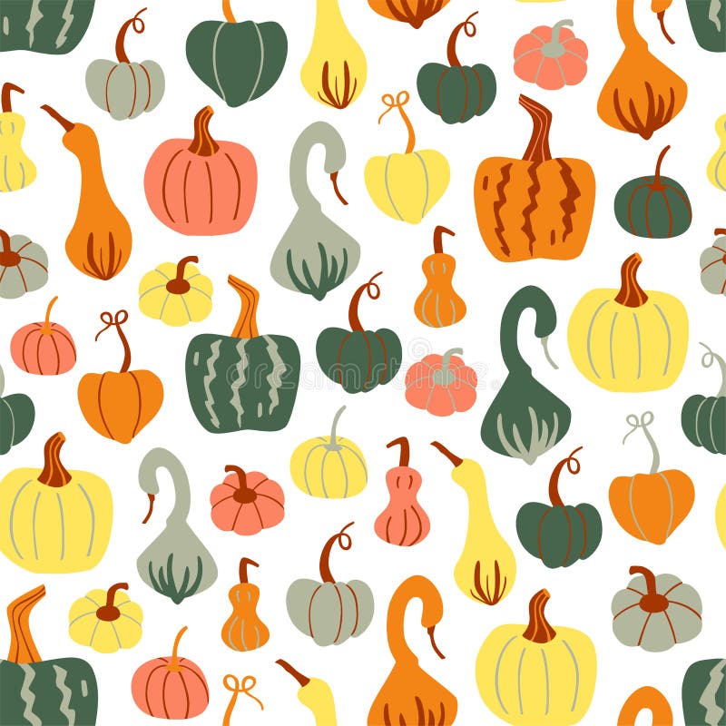 Cute Pumpkins Cartoon Seamless Pattern. Hand Drawn Vector Illustration ...