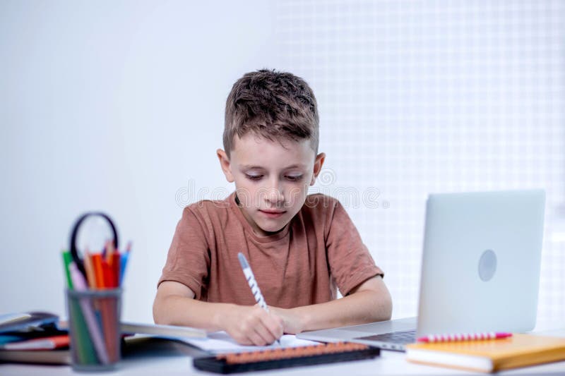 Cute Pupil Boy Studying at Home Writing in Exercise Book Doing Homework ...