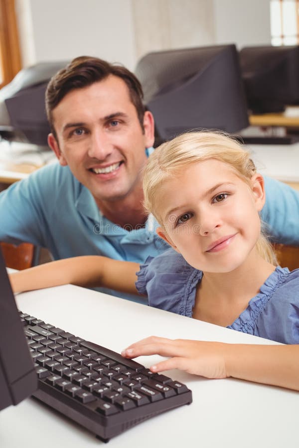 Cute Pupil in Computer Class with Teacher Stock Photo - Image of ...