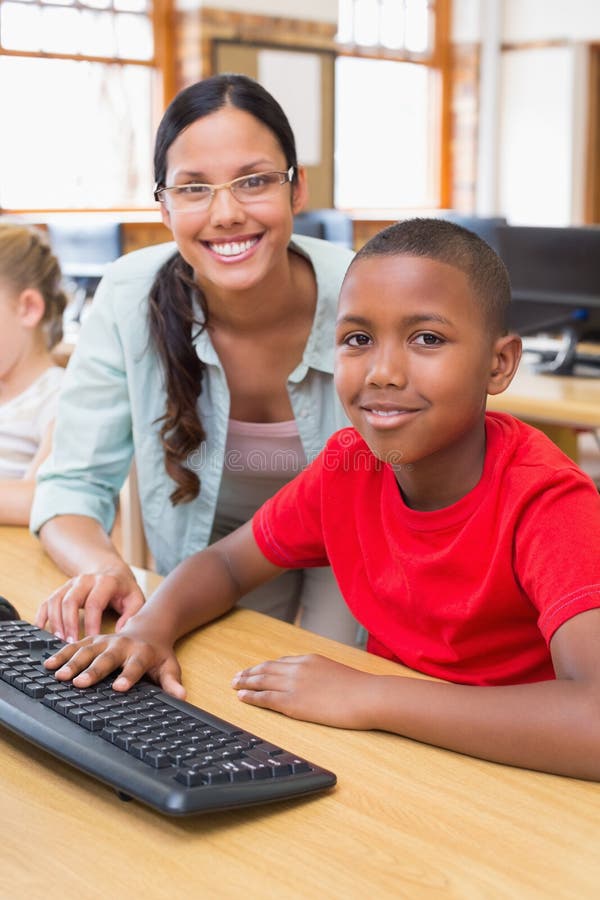 Cute Pupil in Computer Class with Teacher Stock Photo - Image of learn ...