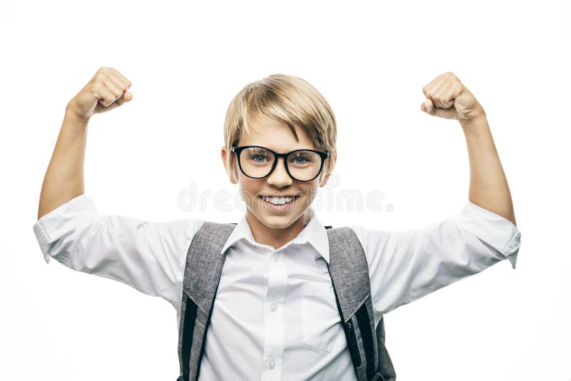 Cute Pupil Showing Strength Stock Image - Image of strength, backpack ...