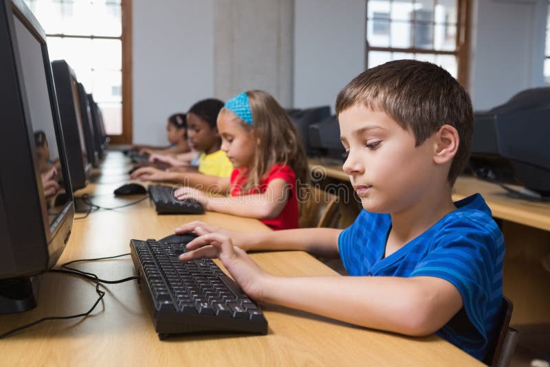 Cute Pupils in Computer Class Stock Image - Image of development, four ...