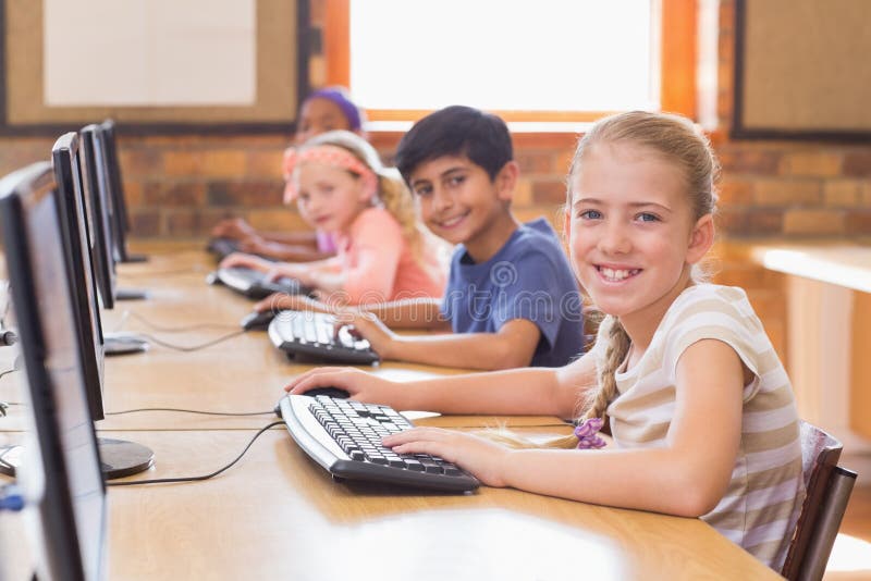 Cute Pupils in Computer Class Stock Photo - Image of female, happy ...