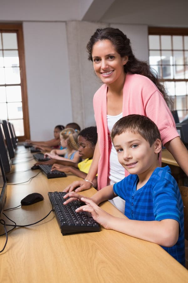 Cute Pupils in Computer Class with Teacher Stock Image - Image of ...