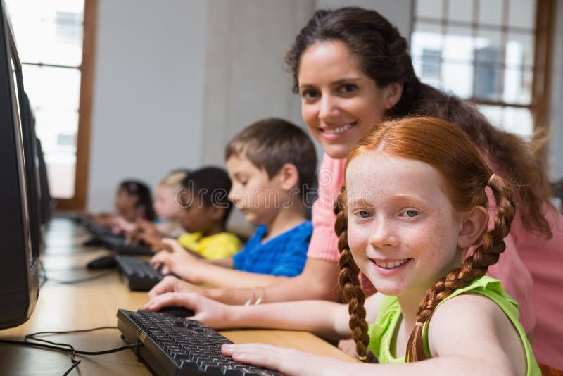 Cute Pupils in Computer Class with Teacher Stock Image - Image of woman ...