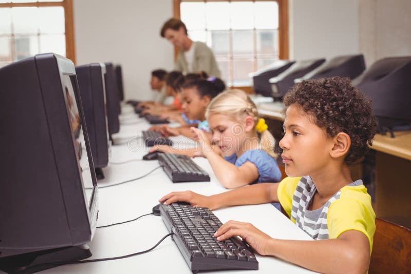 Cute Pupils in Computer Class with Teacher Stock Photo - Image of ...