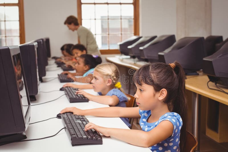 Cute Pupils in Computer Class with Teacher Stock Image - Image of ...