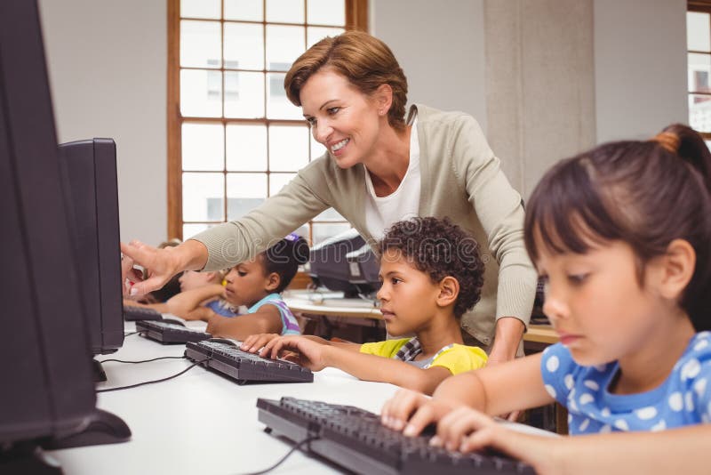 Cute Pupils in Computer Class with Teacher Stock Photo - Image of male ...