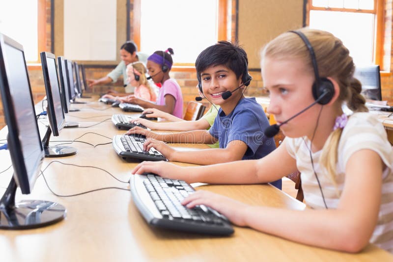Cute Pupils in Computer Class with Teacher Stock Photo - Image of ...