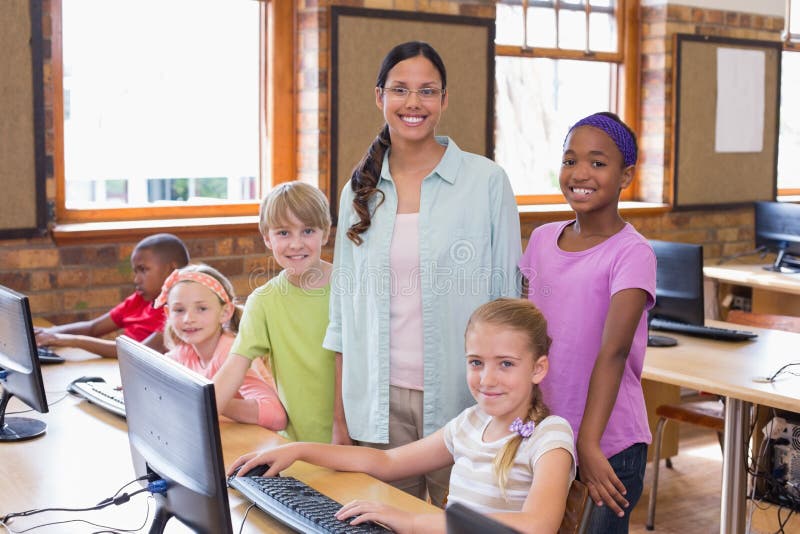 Cute Pupils in Computer Class with Teacher Stock Photo - Image of ...