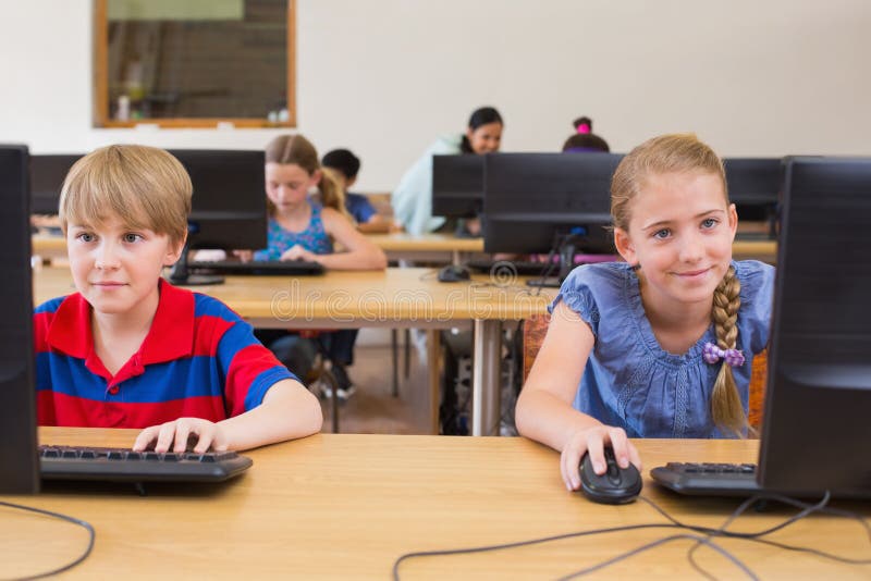 Cute Pupils in Computer Class with Teacher Stock Photo - Image of ...